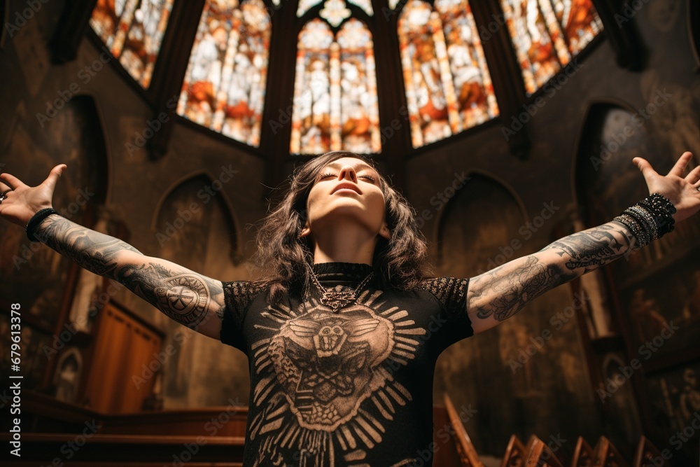 Prayerful Reverence: A realistic photo capturing a woman with tattooed ...
