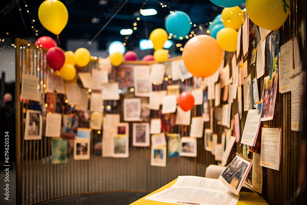 Creative photo of a book-themed event or fair with vibrant displays and ...