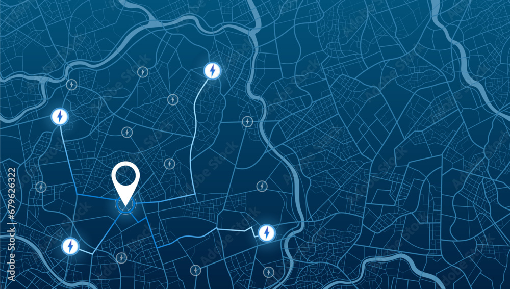 GPS navigator screen with street roads and location, destination points ...