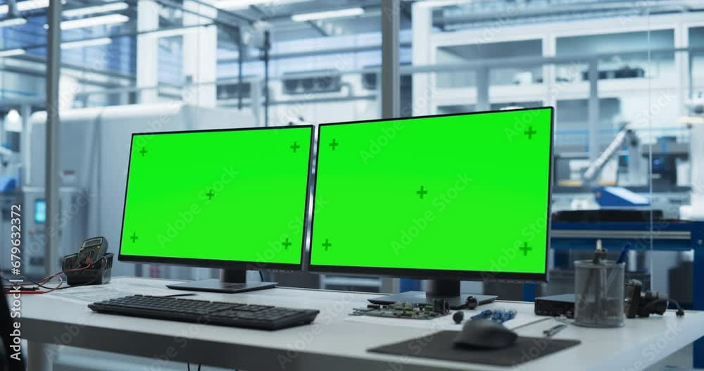 Electronics Conveyor Factory: Office with Two Computers with Green ... Electronics Conveyor Factory: Office with Two Computers with Green ...