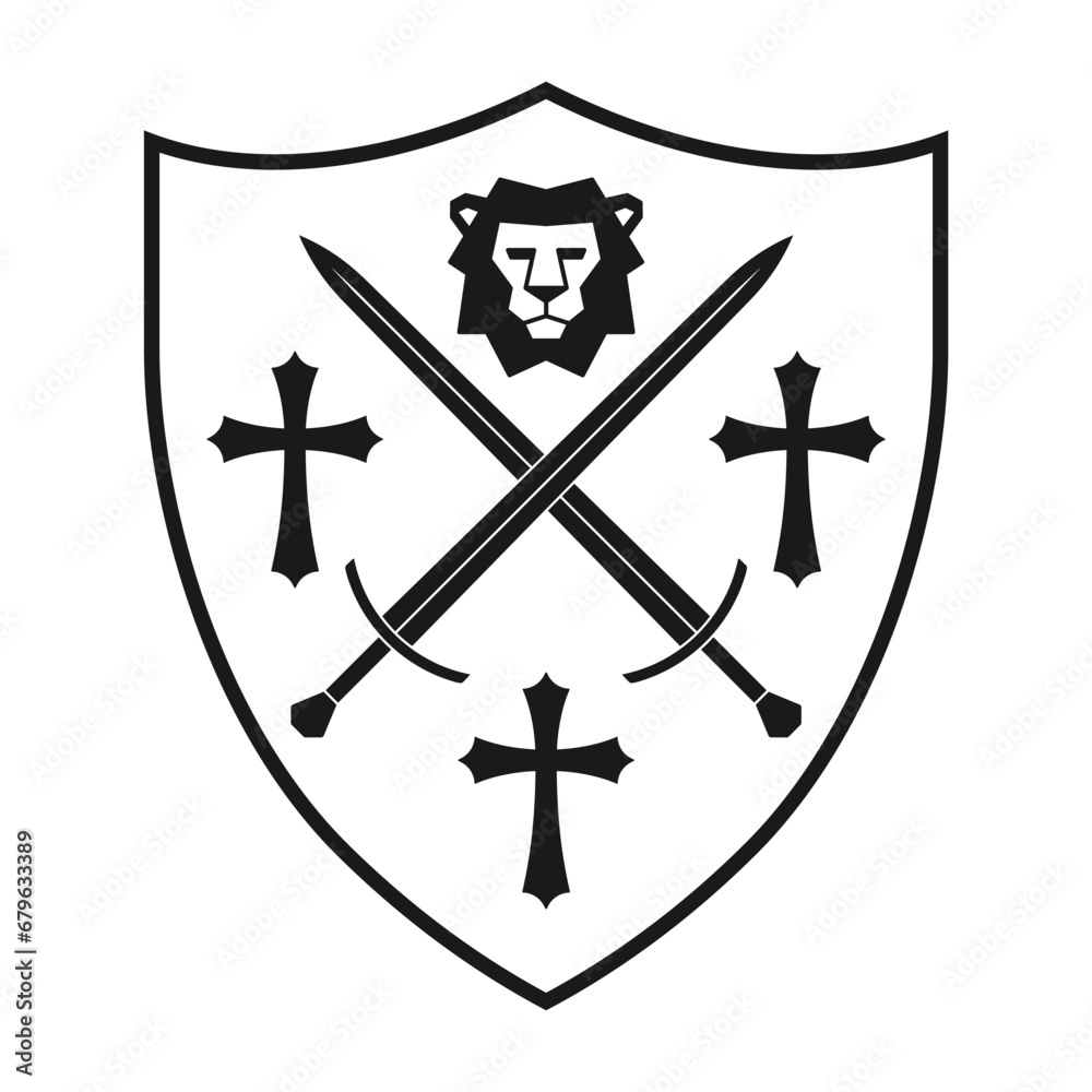 Shield and sword crossed, lion head and cross icon. Coat of arms symbol ...
