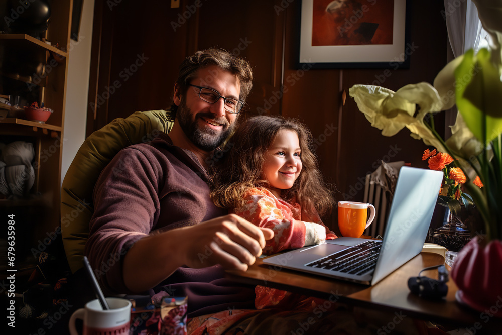 working parent and his daughter share a home office and engage in video ...