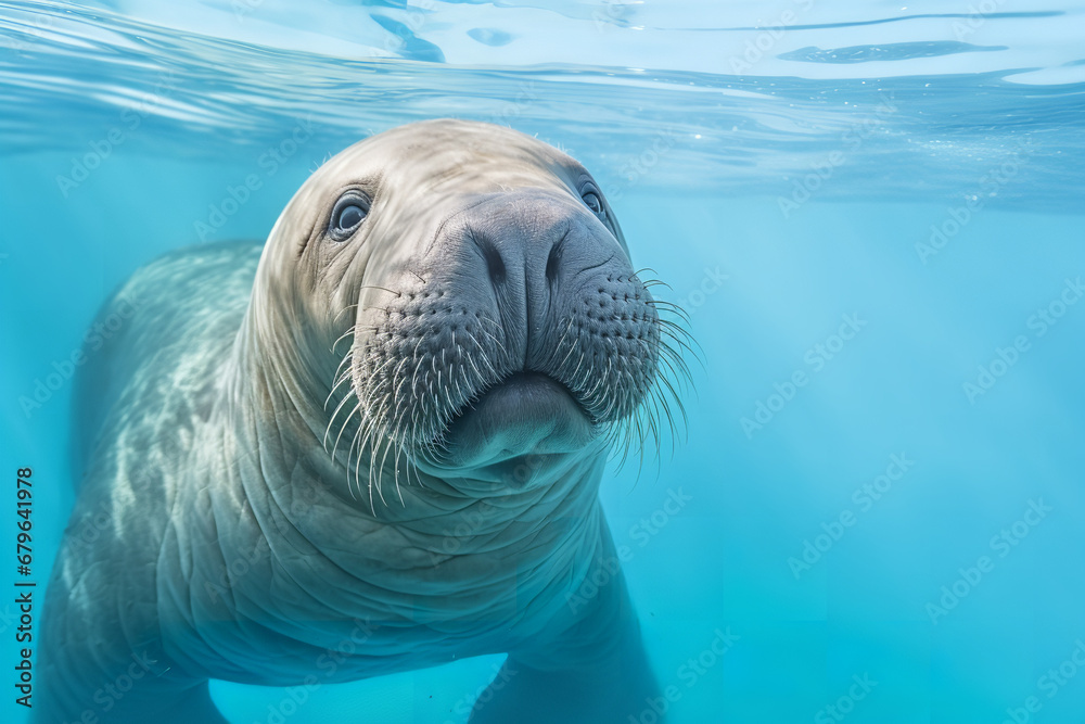 Baby walrus in light blue water. accuracy of details. natural colors ...