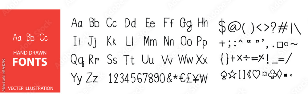 Hand drawn uppercase and lowercase fonts and others symbols. Vector ...
