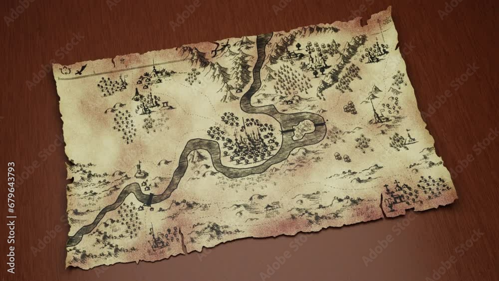 3d animation of the appearance of an ancient map scroll on parchment or ...