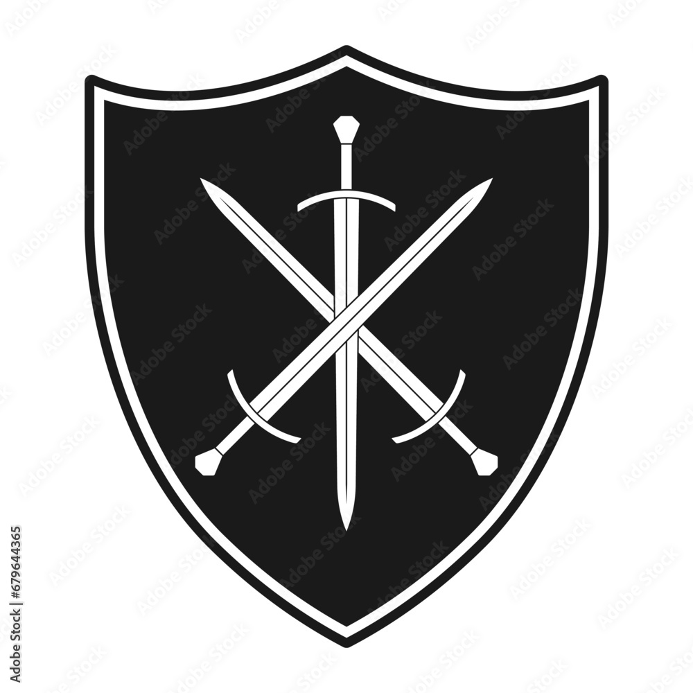 Shield and swords crossed icon. Coat of arms symbol. Sword heraldry ...