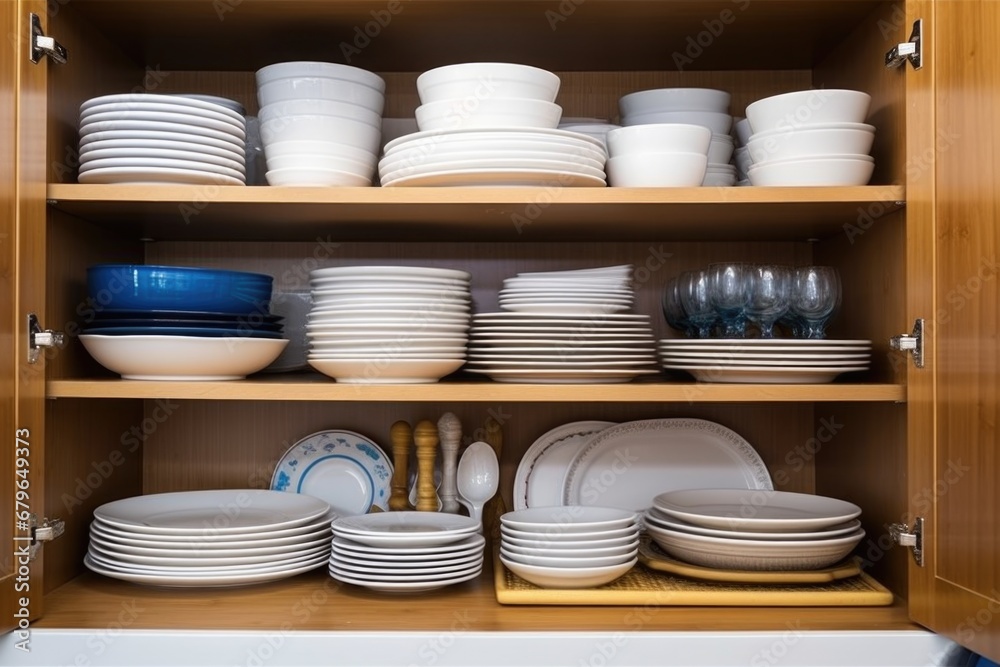 open yacht kitchen cabinets showing organized plates and bowls Stock ...