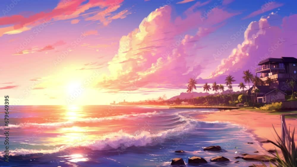 sunset at the beach, loop video background animation, cartoon anime ...