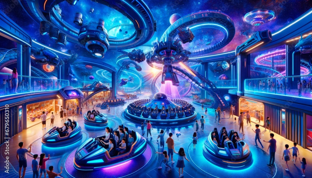 Visitors at a vibrant amusement park enjoy a dynamic space-themed ...