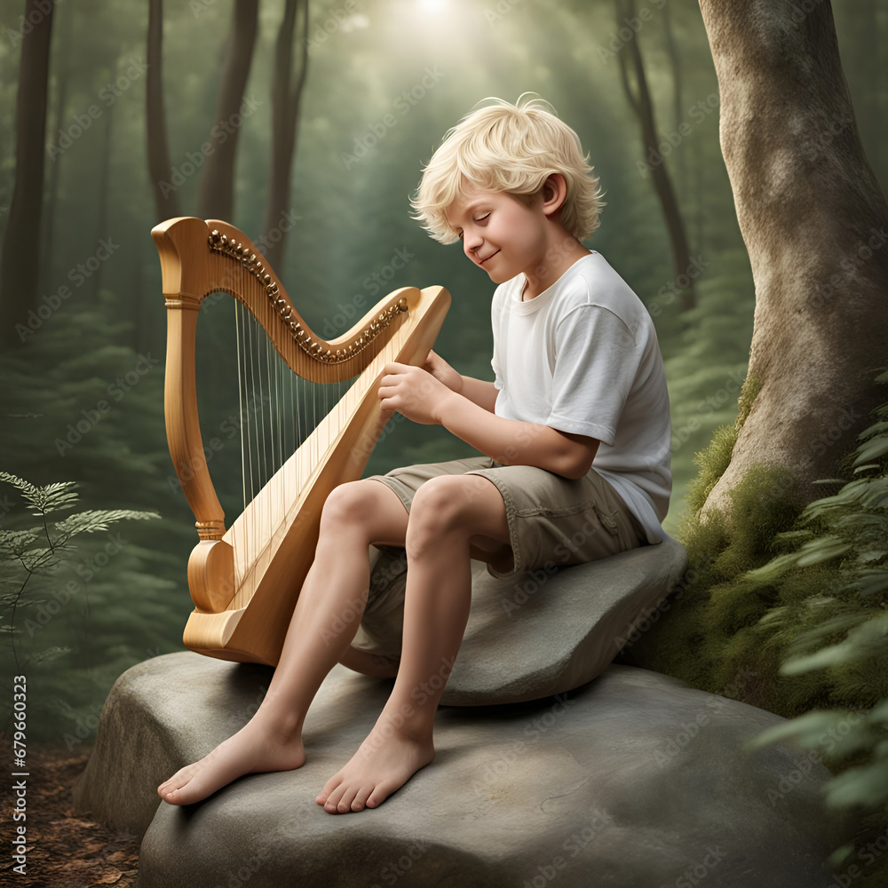 Ein blonder Junge sitzt barfuß lächelnd auf einem Stein im Wald und ...