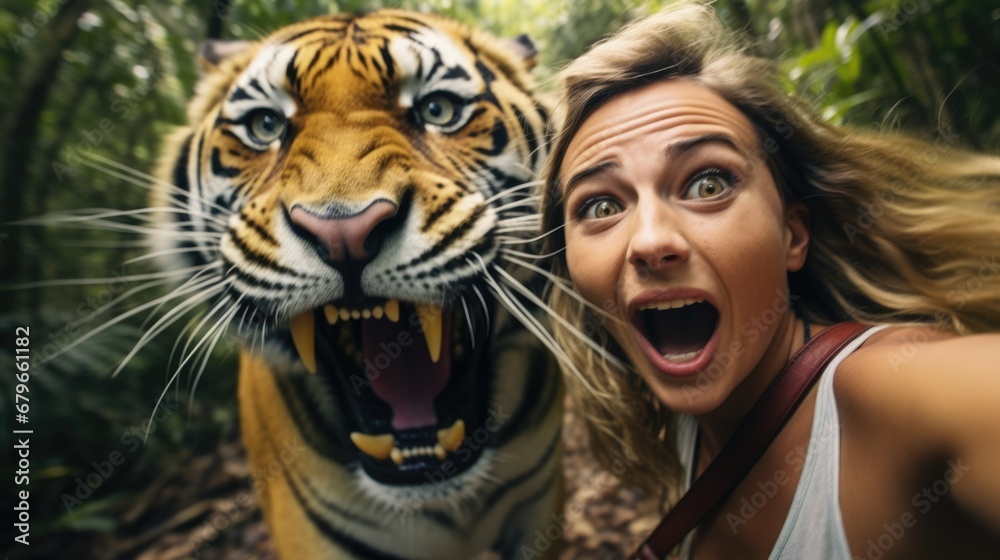 Funny selfie woman and danger tiger. Wild safari park trip. Dangerous ...