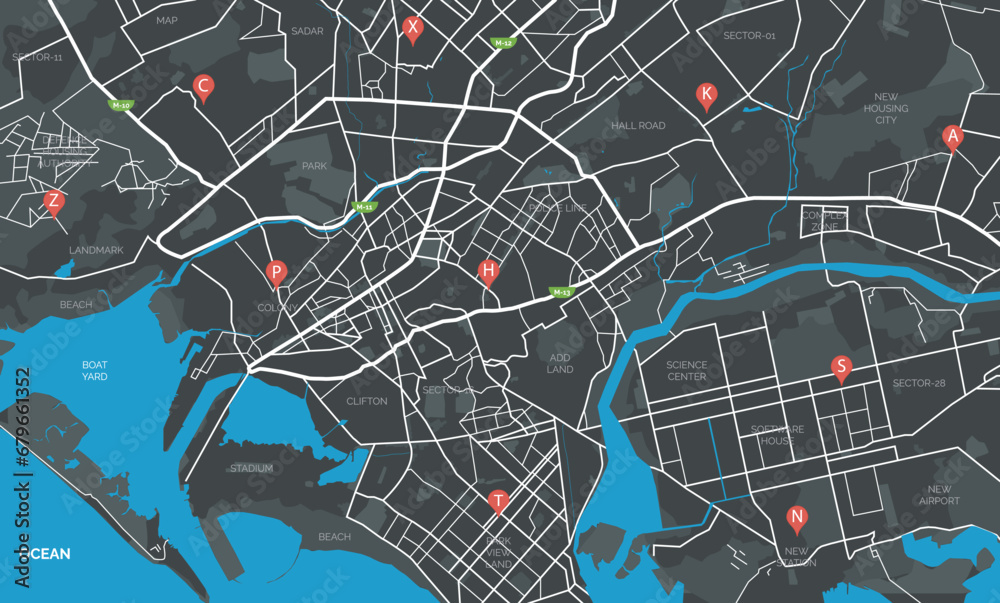 Urban detailed black and white map, vector illustration of city map ...