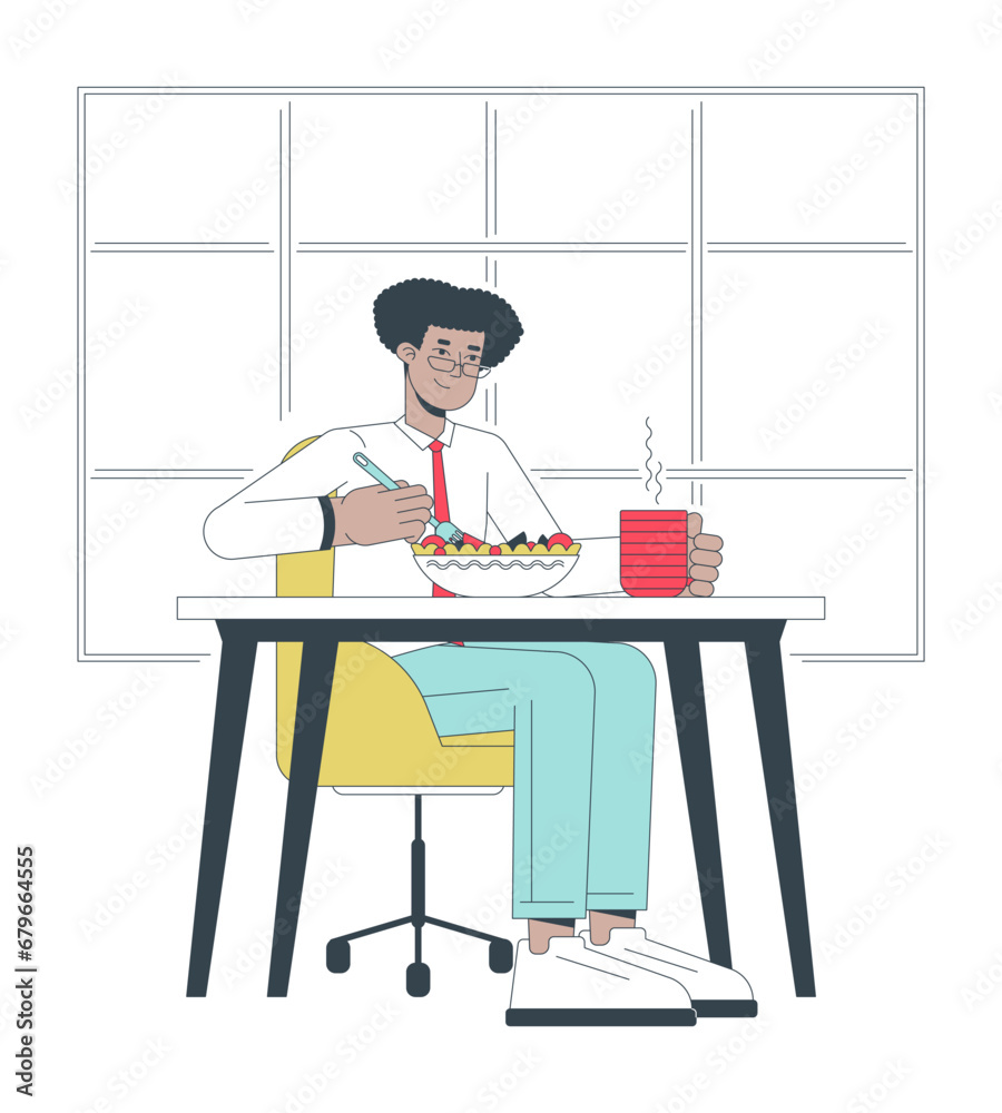 Eating healthy lunch at work line cartoon flat illustration. Latino ...
