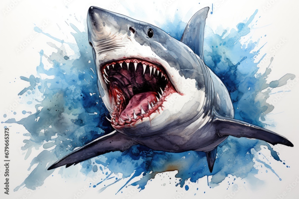 watercolor Shark Hungry shark illustration with splash watercolor ...