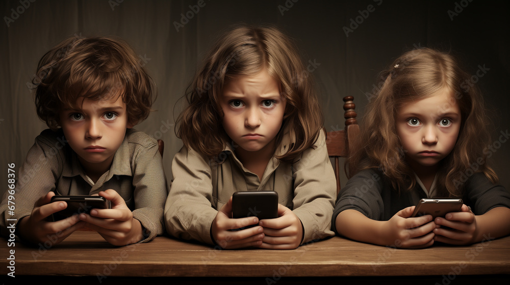 Technology danger and warning. Unhappy group of hypnotized kids who are ...