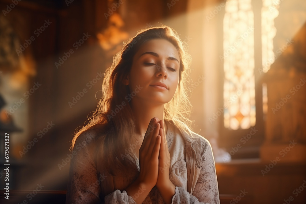 Young woman pray in church Christian life crisis prayer to god. Hands ...