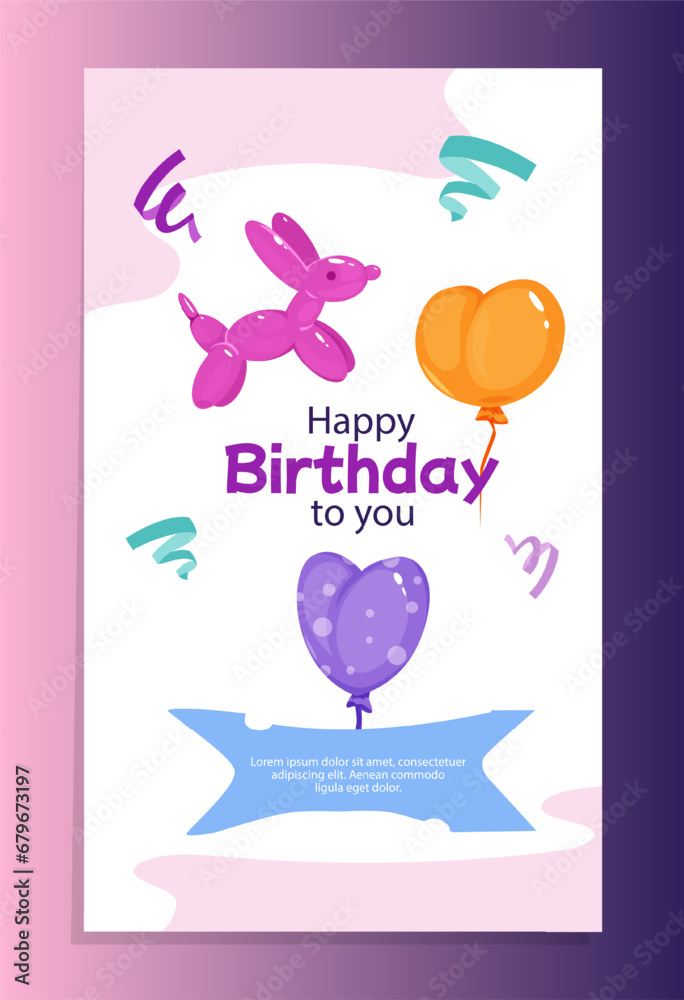 Happy Birthday greeting card. Cute colorful poster with balloons and ...
