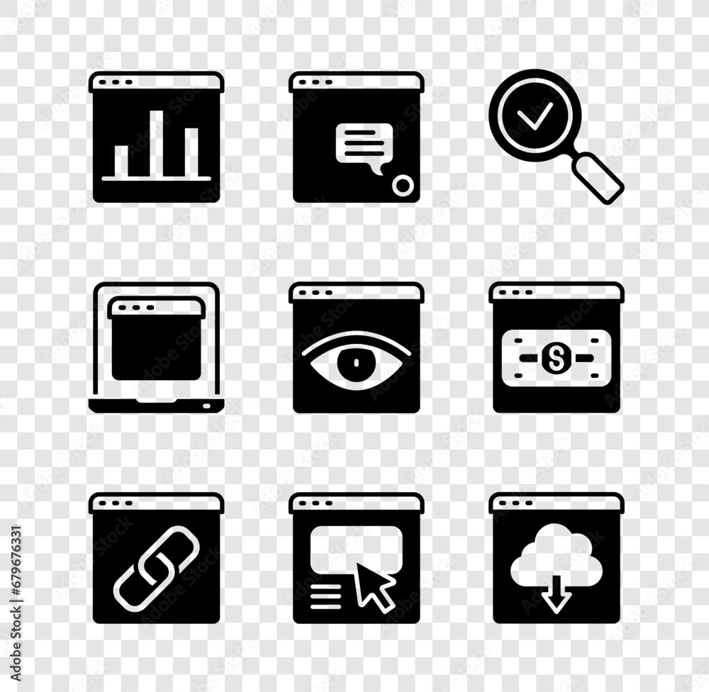 Set Graph chart infographic, New chat messages notification, Magnifying glass with check mark ...