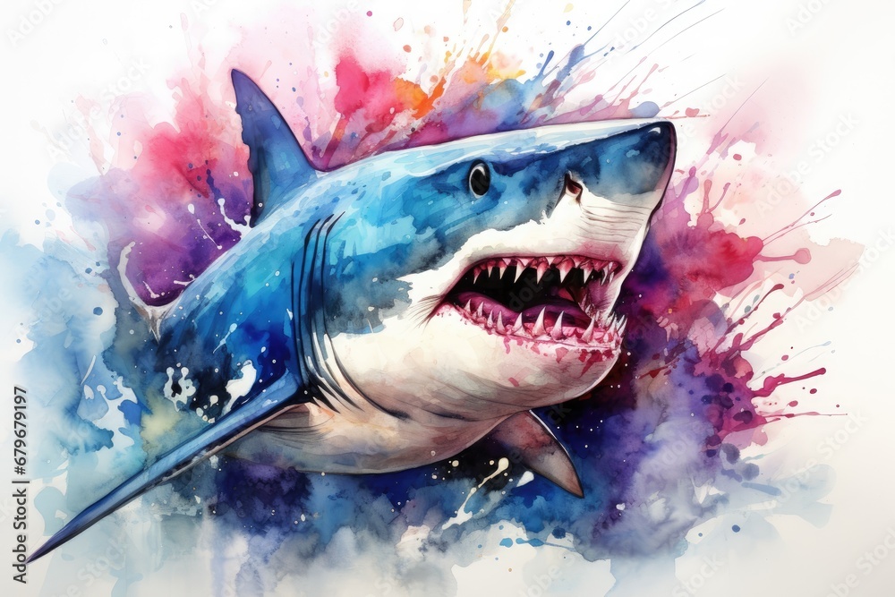 watercolor Shark Hungry shark illustration with splash watercolor ...