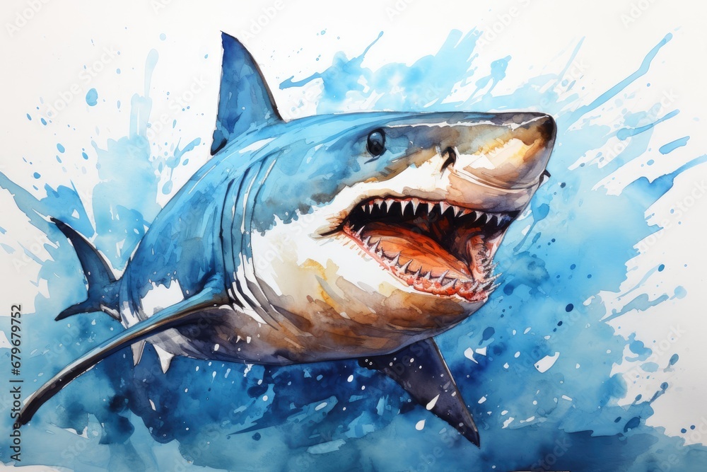 watercolor Shark Hungry shark illustration with splash watercolor ...