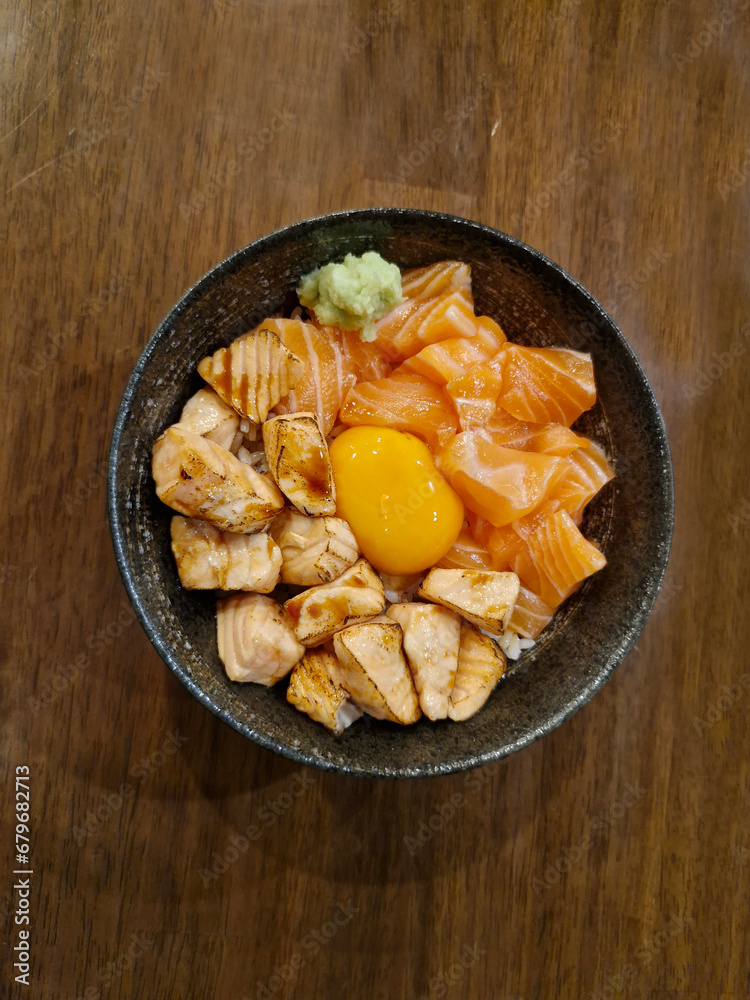 Salmon Donburi Japanese Food, Grilled and Fresh Salmon Don with Pickled ...