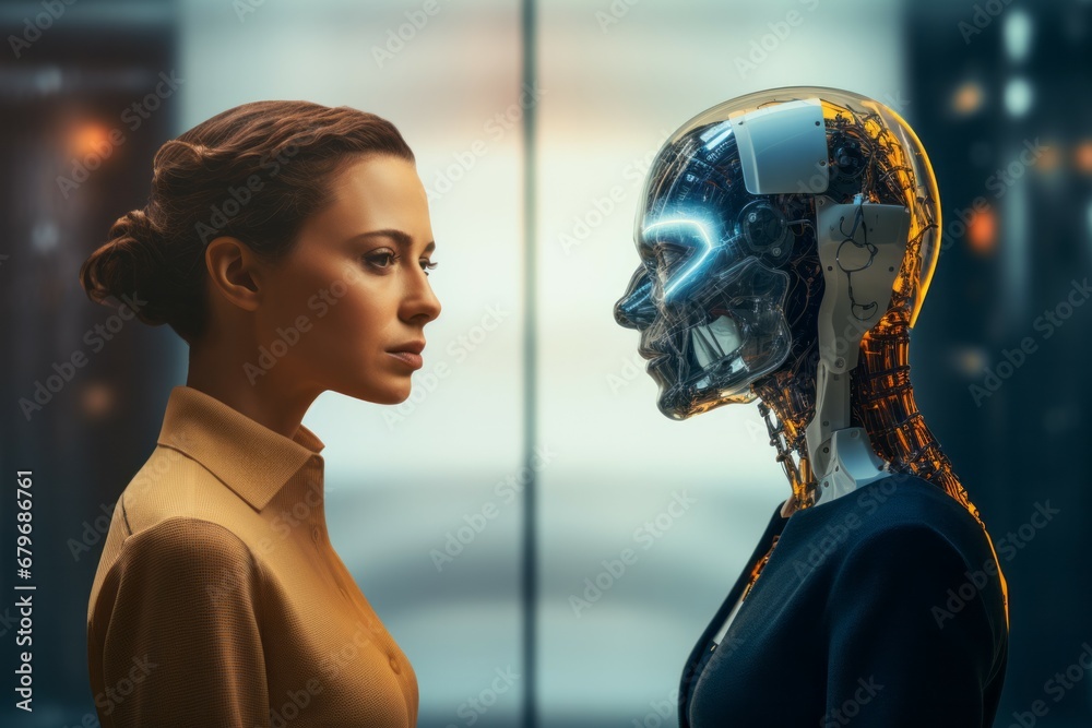 The face of a woman and a robot opposite each other look into the eyes ...
