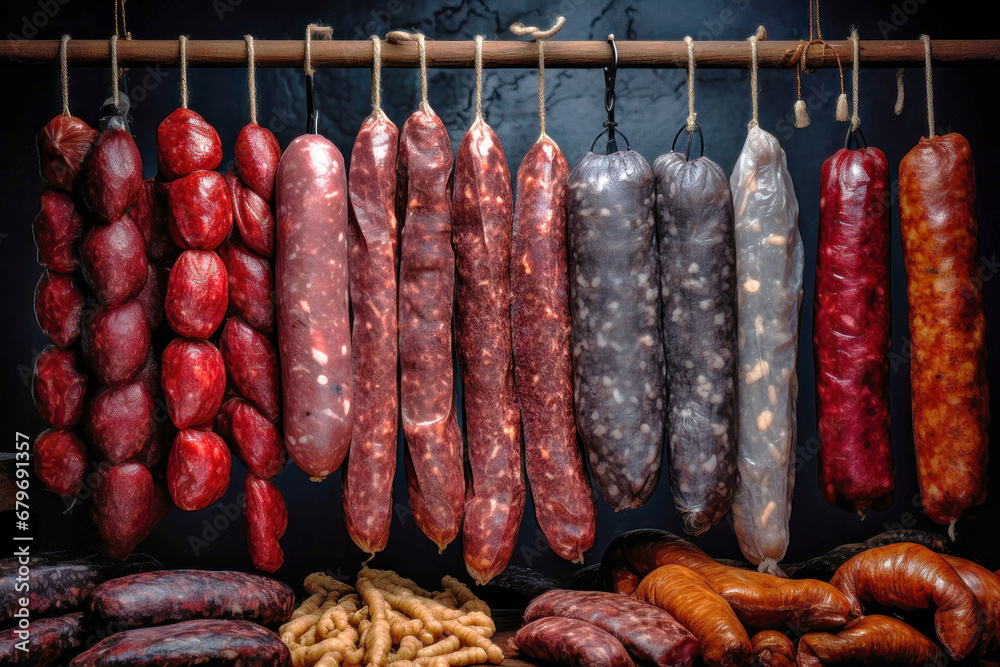 A bunch of different types of sausage hanging on a line. Dried and ...
