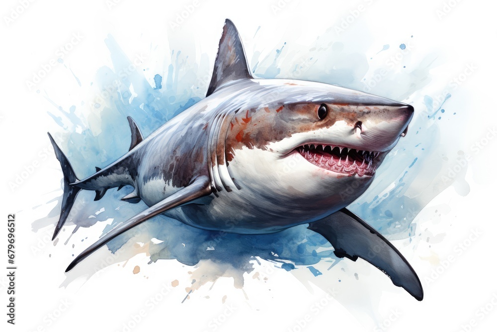 watercolor Shark Hungry shark illustration with splash watercolor ...