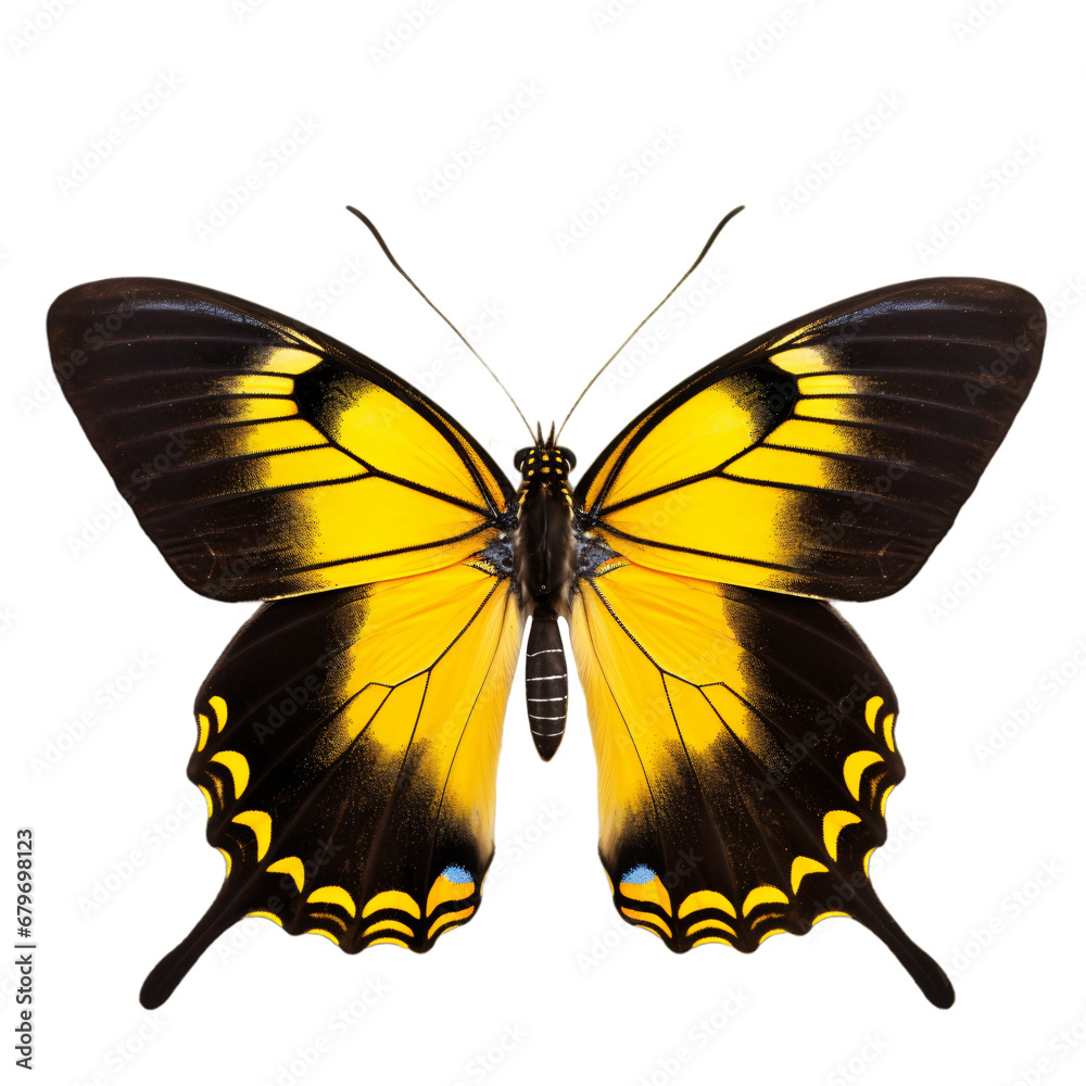 yellow monarch butterfly isolated on a transparent background, black ...
