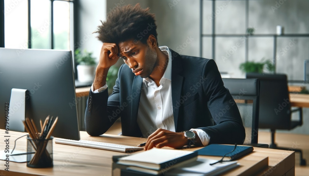 A young, distressed businessman of Black descent working in a ...