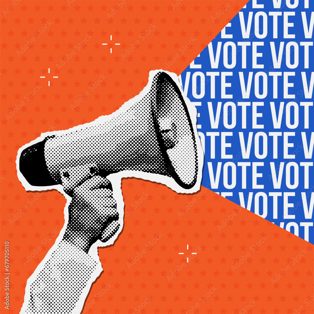 Hand holding a megaphone from which comes title - VOTE. Trendy halftone ...
