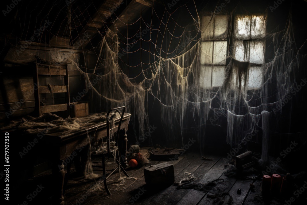 Haunting Scene with Eerie Spider Webs and Dusty Cobwebs Generative AI ...