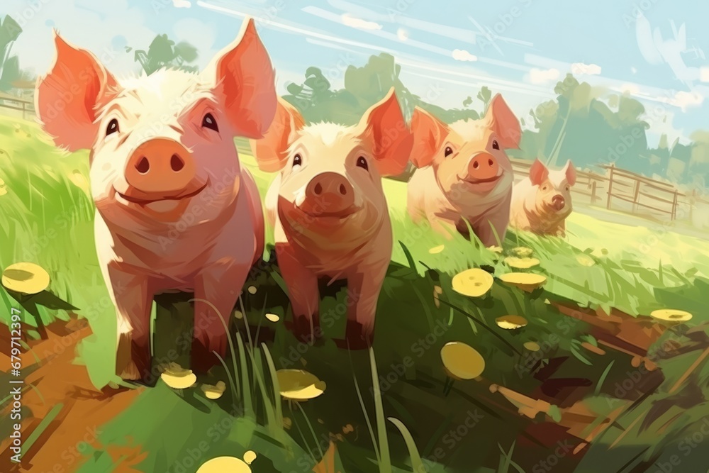 Animal Welfare: Happy Cute Young Pigs Roaming Free in Rural Farm Meadow ...