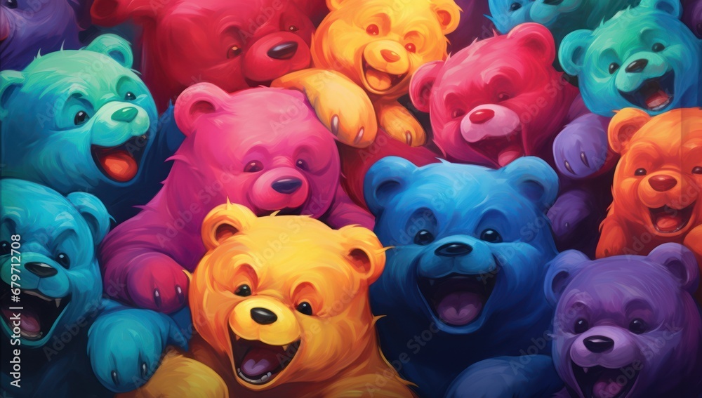 a painting of a group of multi - colored bears with their mouths open ...