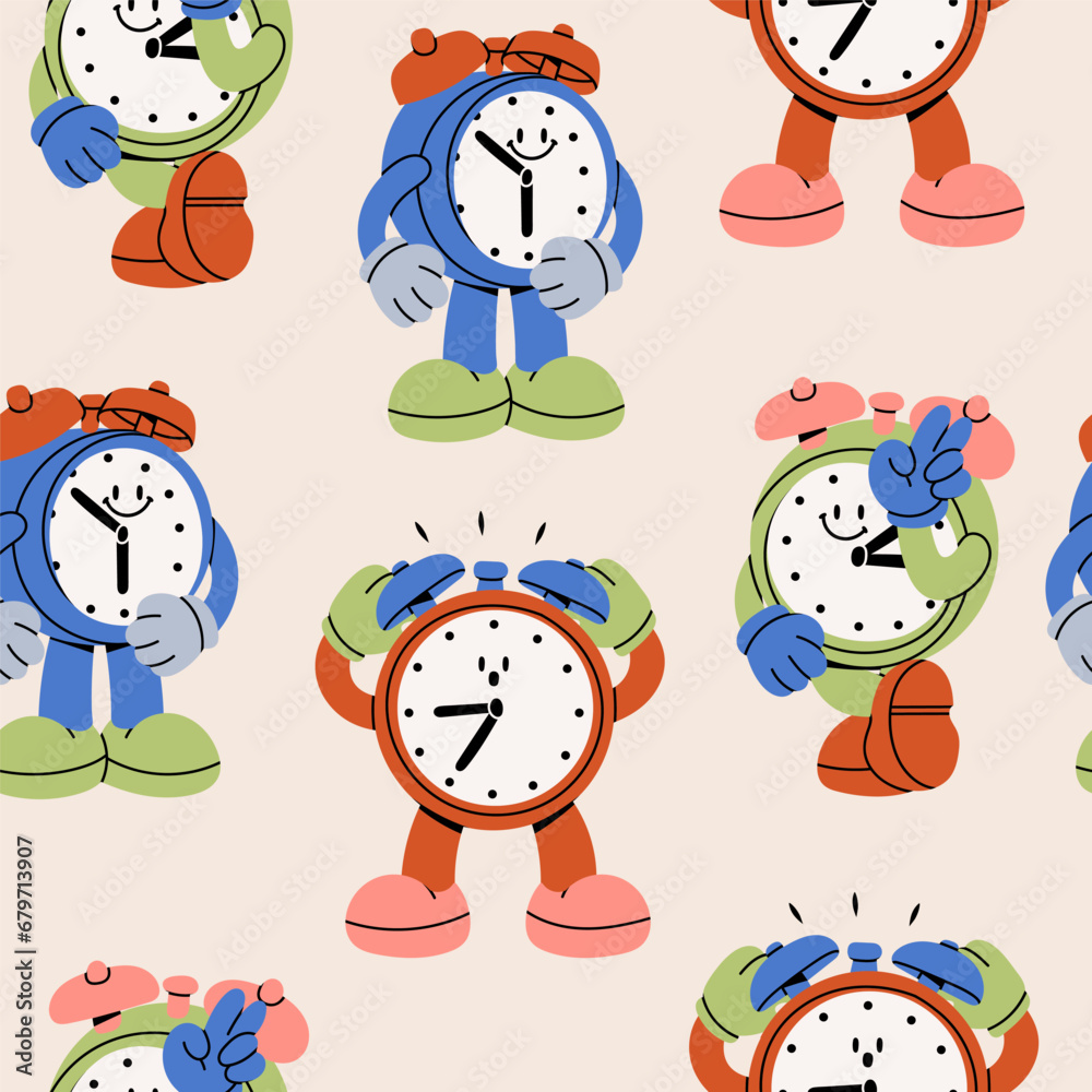 Various Alarm clocks. Cute funny mascot with face. Hand drawn trendy ...