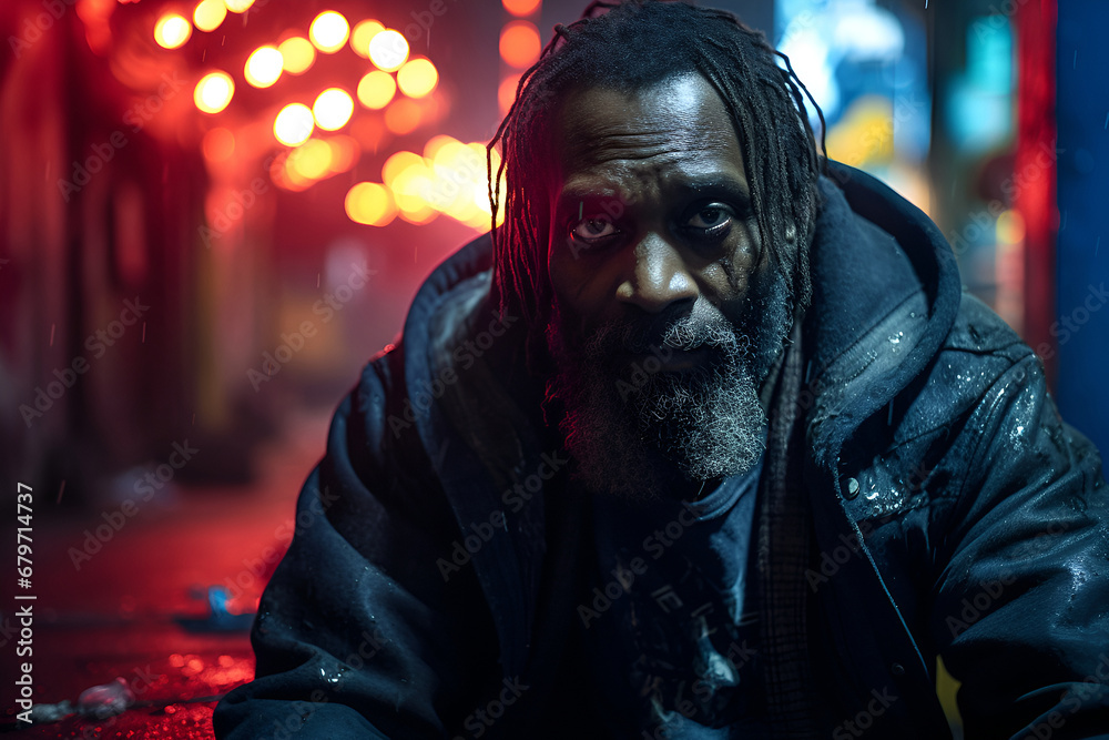 Foto de A somber homeless black man in the rain, his gaze deep and ...