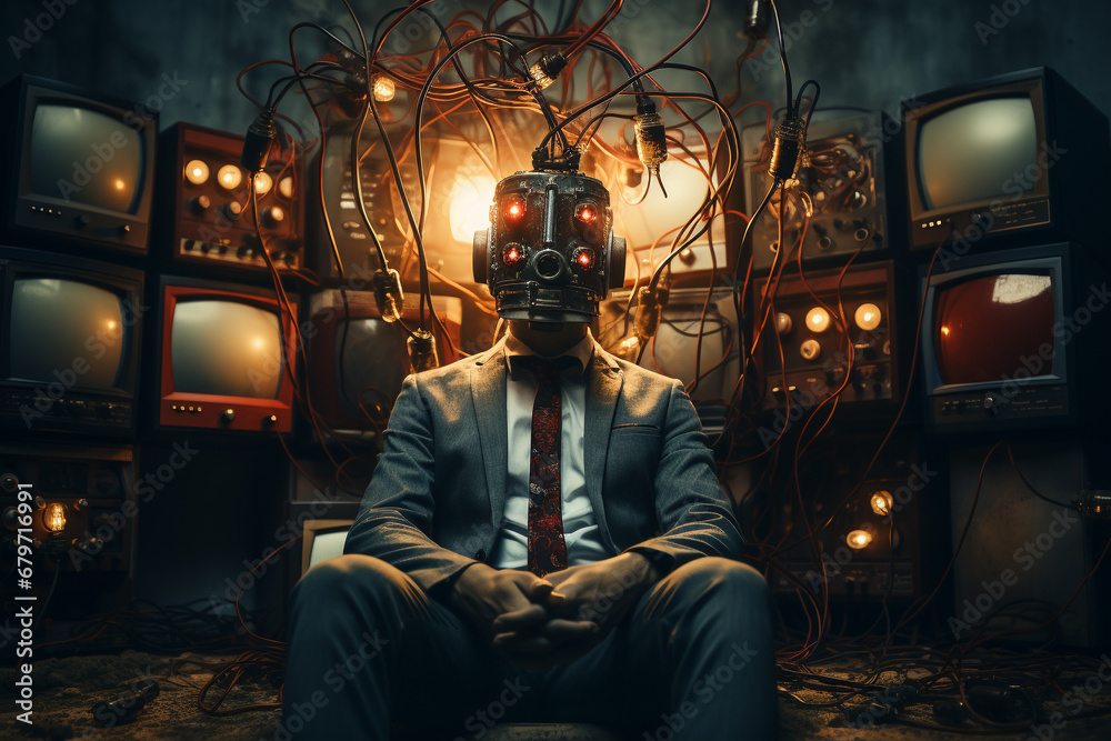 Thought provoking imagery depicting a man wired to electronics and TV ...