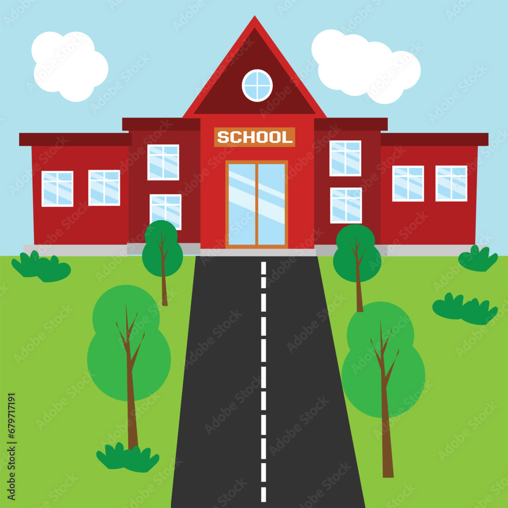 Front view of a classic school building with big windows and doors ...