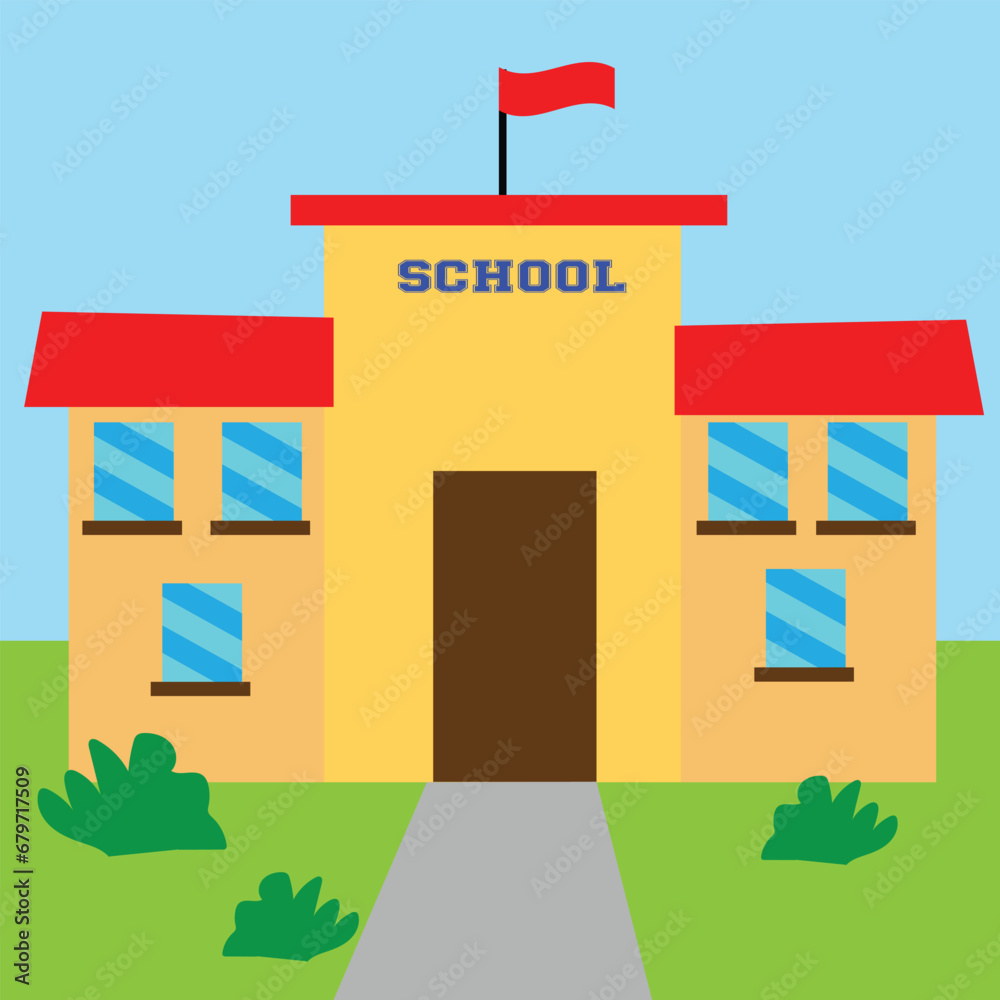 Front view of a classic school building with big windows and doors ...