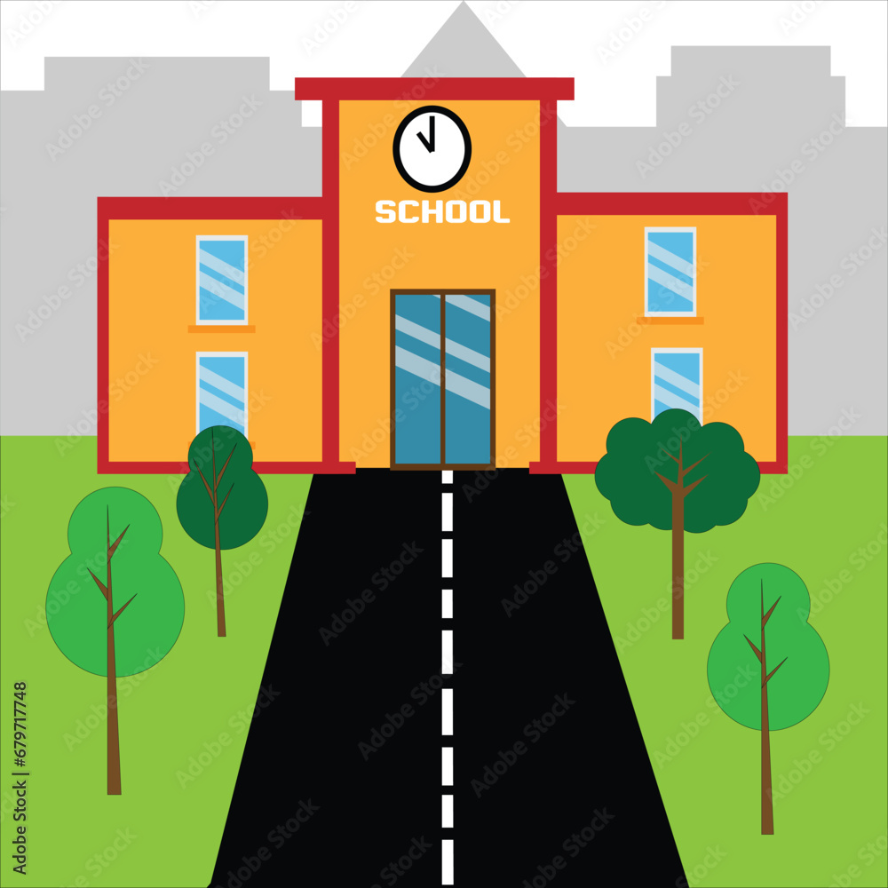 Front view of a classic school building with big windows and doors ...