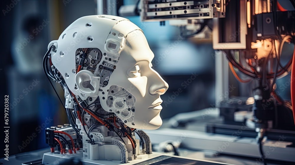 3d printing workshop. 3d printer printed Robot head. Robot parts ...