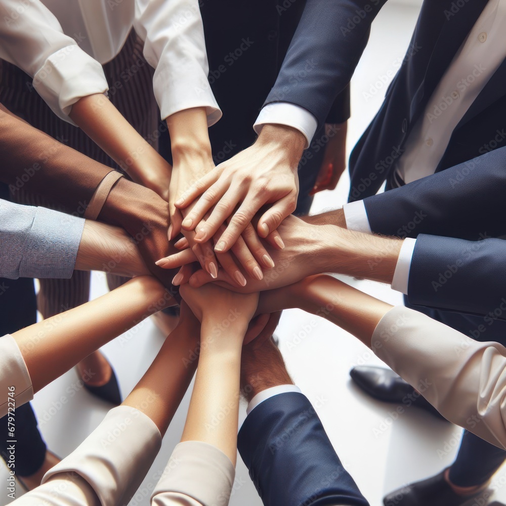 Diverse business team putting their hands together in a huddle of support and motivation isolate ...