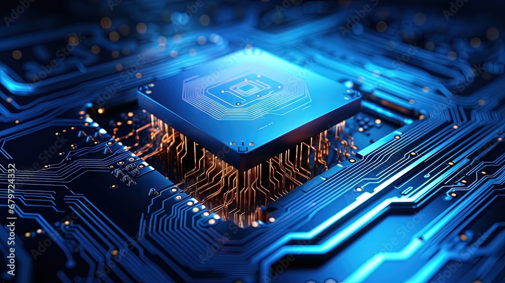 Artificial Intelligence hardware concept. Glowing blue brain circuit on ...