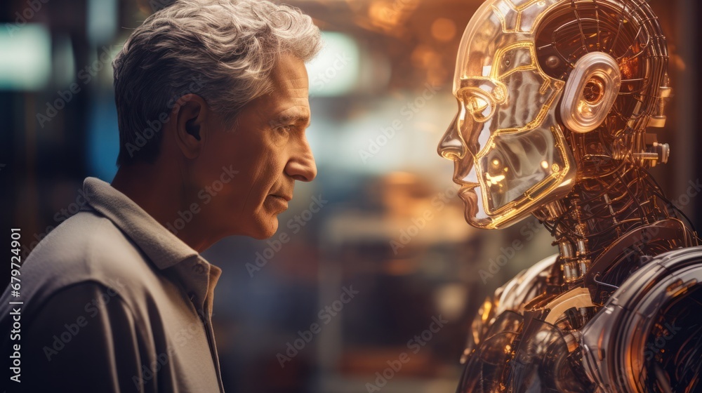 a man standing next to a robot in front of a glass display case with a ...