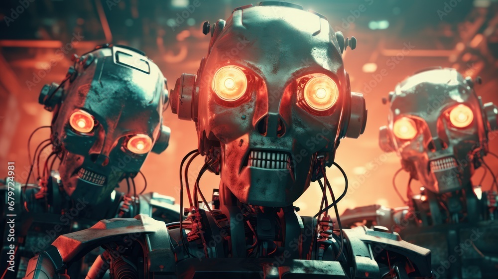 a group of robots standing next to each other in front of a red light ...