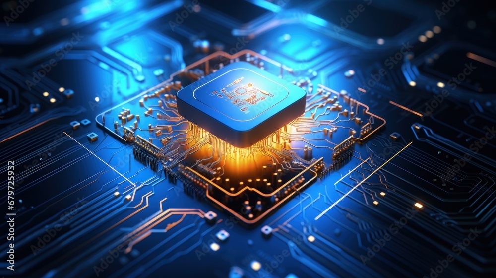 Artificial Intelligence hardware concept. Glowing blue brain circuit on ...