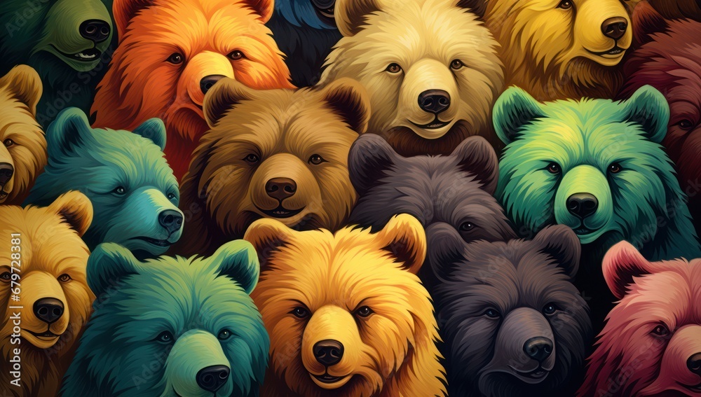 a painting of a group of bears with different colors and sizes of bear ...