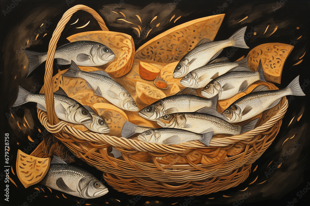 A drawing of a basket of fish and bread, connecting to the miracles of ...