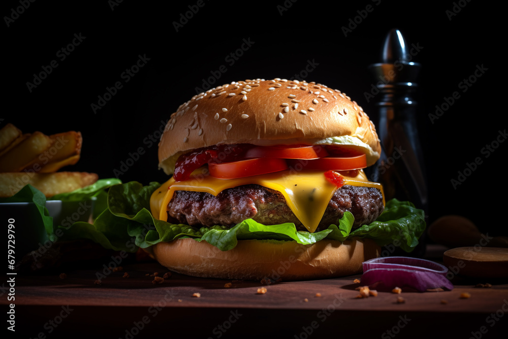 Classic bacon cheeseburger, featuring a juicy beef patty topped with ...