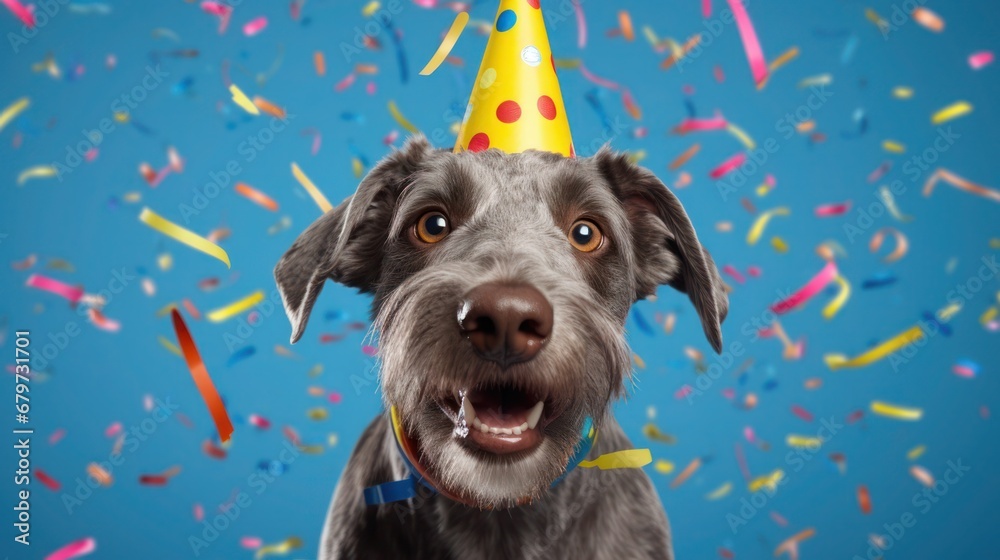 Cute happy dog celebrating at a birthday party, wearing a party hat ...